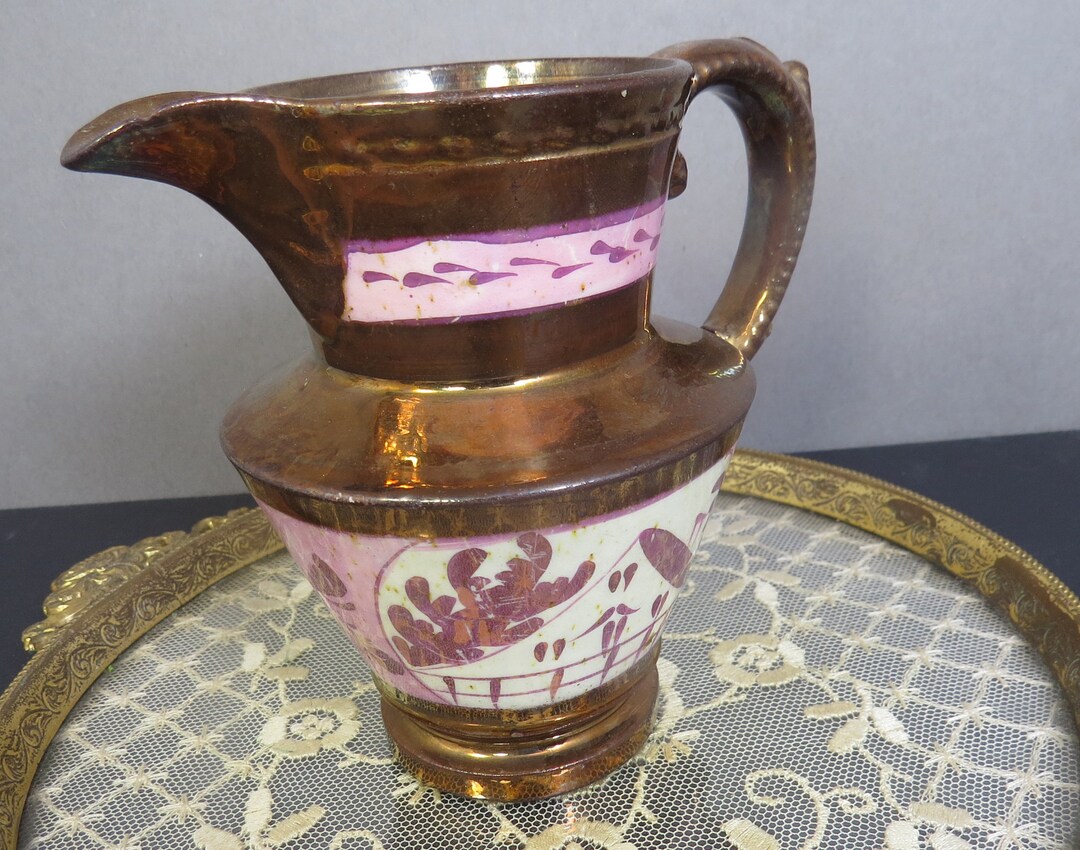 Vintage Copper & Pink Lusterware Cream Pitcher Syrup Milk, Glazed ...
