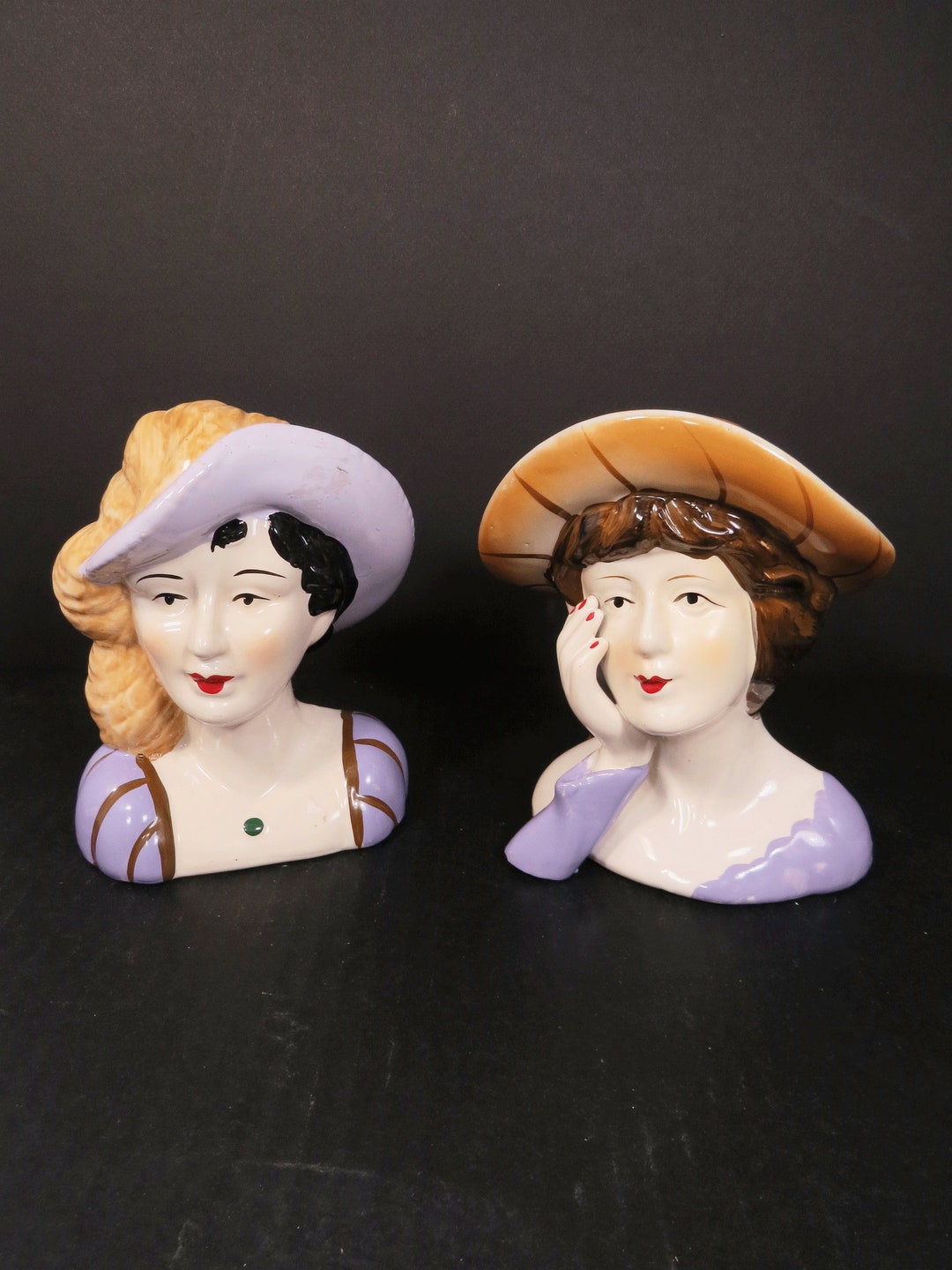Vintage Lady Head Figurine Women Ceramic Hat Set of 2 - Etsy