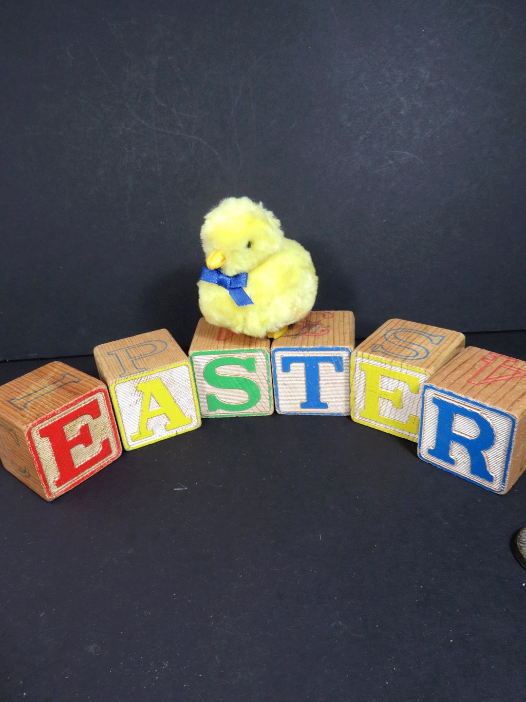 Vintage EASTER Wooden Toy Block Letters Fluffy Chicken Spring Home ...