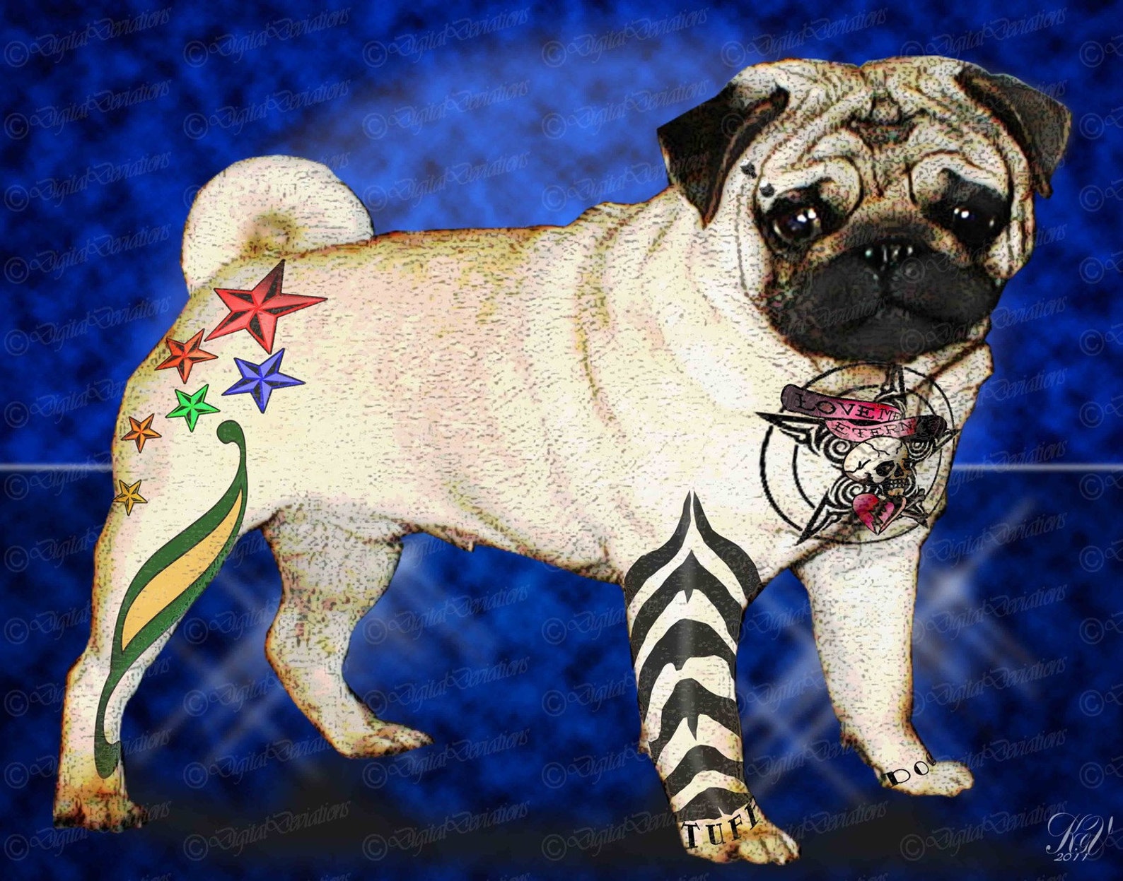 Pug Tough Dog Art Print, Tough Dog Art, Unique Dog Art, Tattoo Dog Art ...