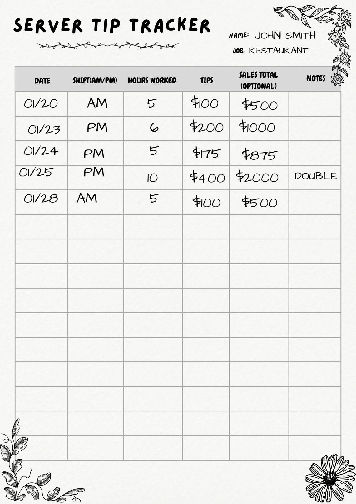 Printable Tip Tracker for Servers & Bartenders - Digital PDF Download ...