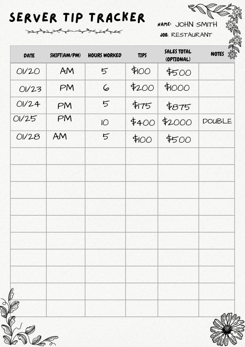 Printable Tip Tracker for Servers & Bartenders - Digital PDF Download ...
