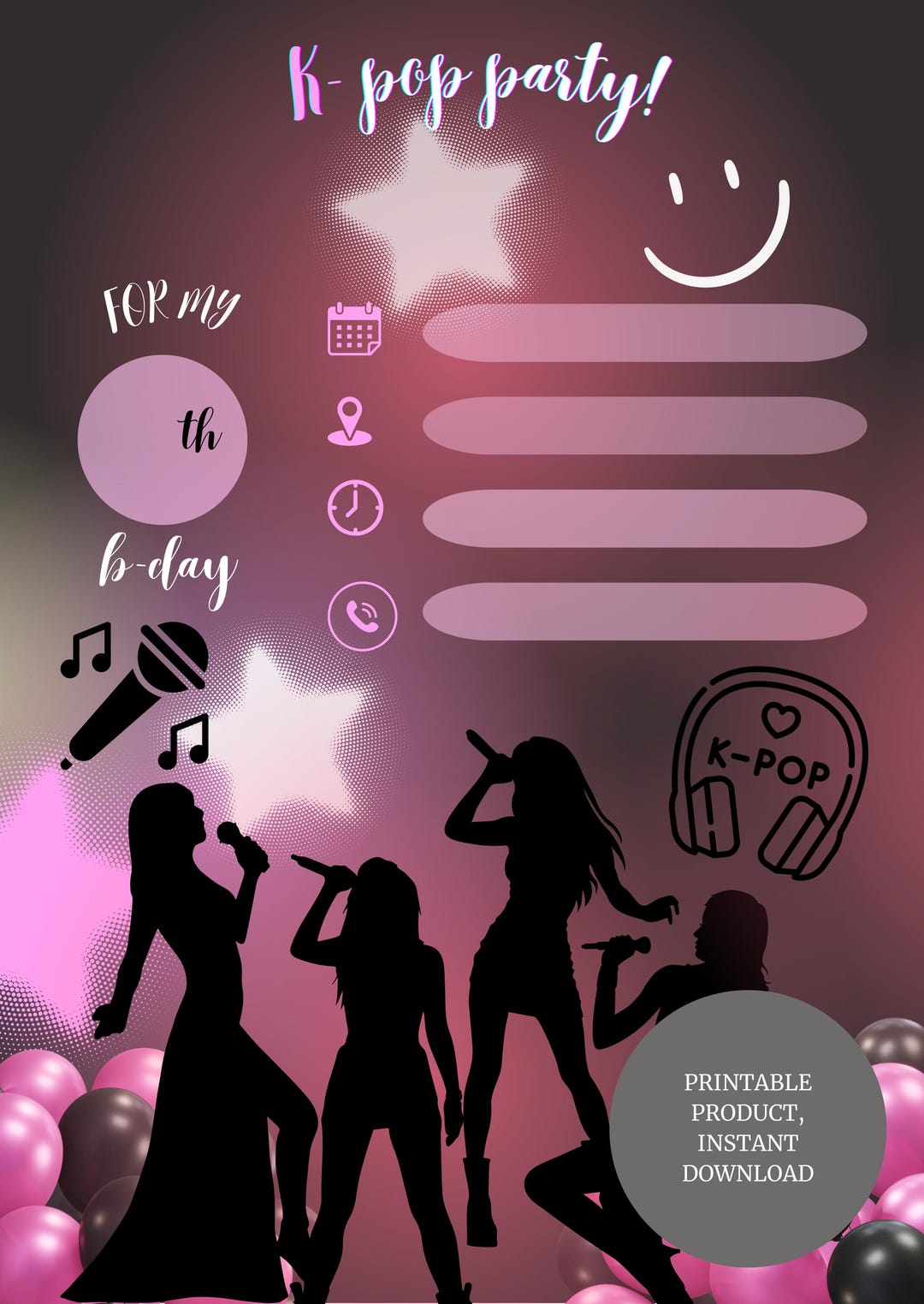 K-pop Birthday Party Invitation-instant Download/printable Pdf(4.13x5 ...