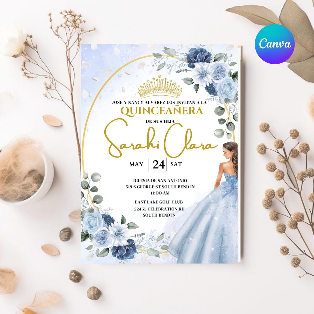 Dusty Blue Quinceañera Invitation Template, Mis XV Años EDITABLE ...