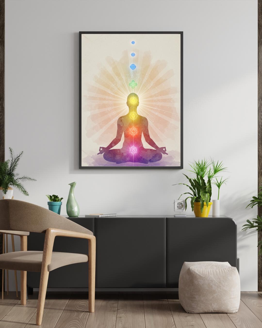Seven Chakras Wall Art – Meditating Figure With Glowing Mandala – Watercolor Energy Alignment ...