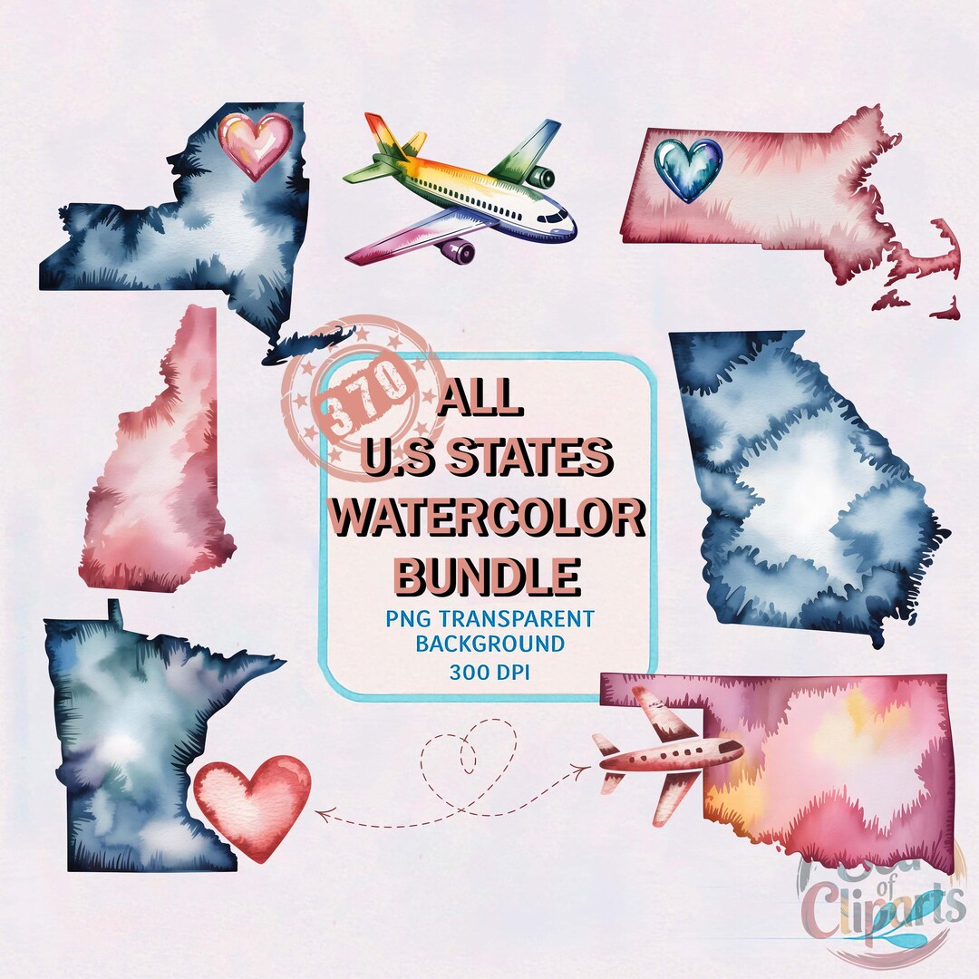 370 Watercolor US State Clipart Bundle: Pink & Blue USA Map (digital ...