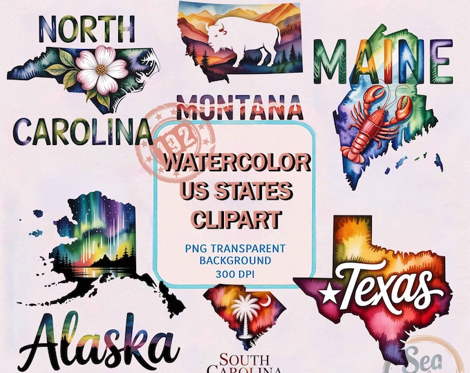 USA Map Watercolor Clipart: 50 States Sublimation Bundle (PNG) - Etsy ...