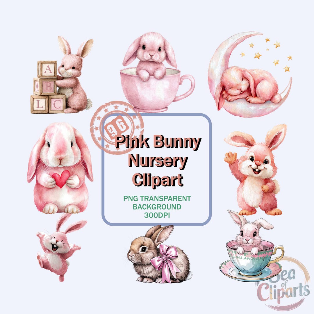 Pink Bunny Nursery Clipart Bundle Watercolor Baby Girl Rabbit PNG ...