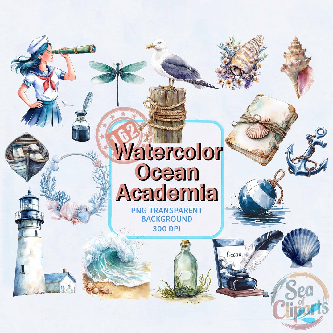 148 Watercolor Ocean Sea Aesthetic Clipart Bundle, Nautical Theme Cute ...