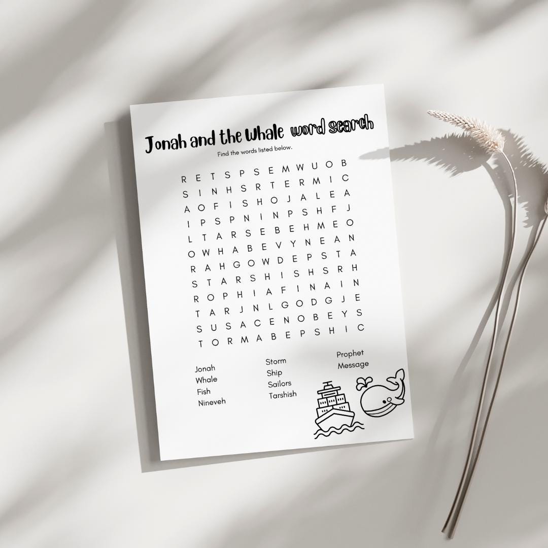 Jonah and the Whale Puzzle Printable Bible Wordsearch - Etsy