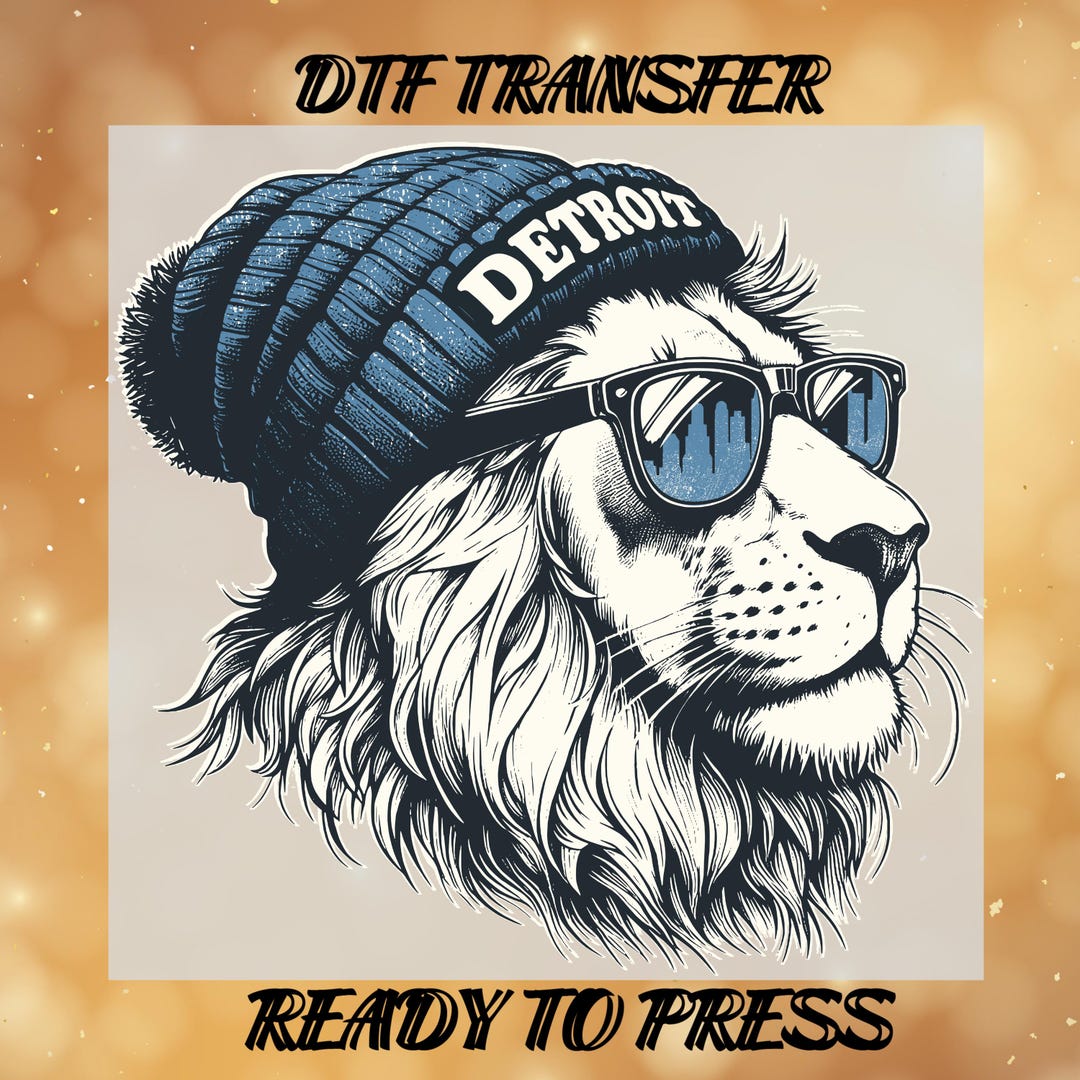 Detroit Cool Lion With Beanie and Sunglasses DTF Transfer, Detroit ...