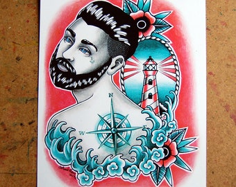 Down With the Ship Lowbrow Pin Up Girl With Tattoos and Roses | Etsy