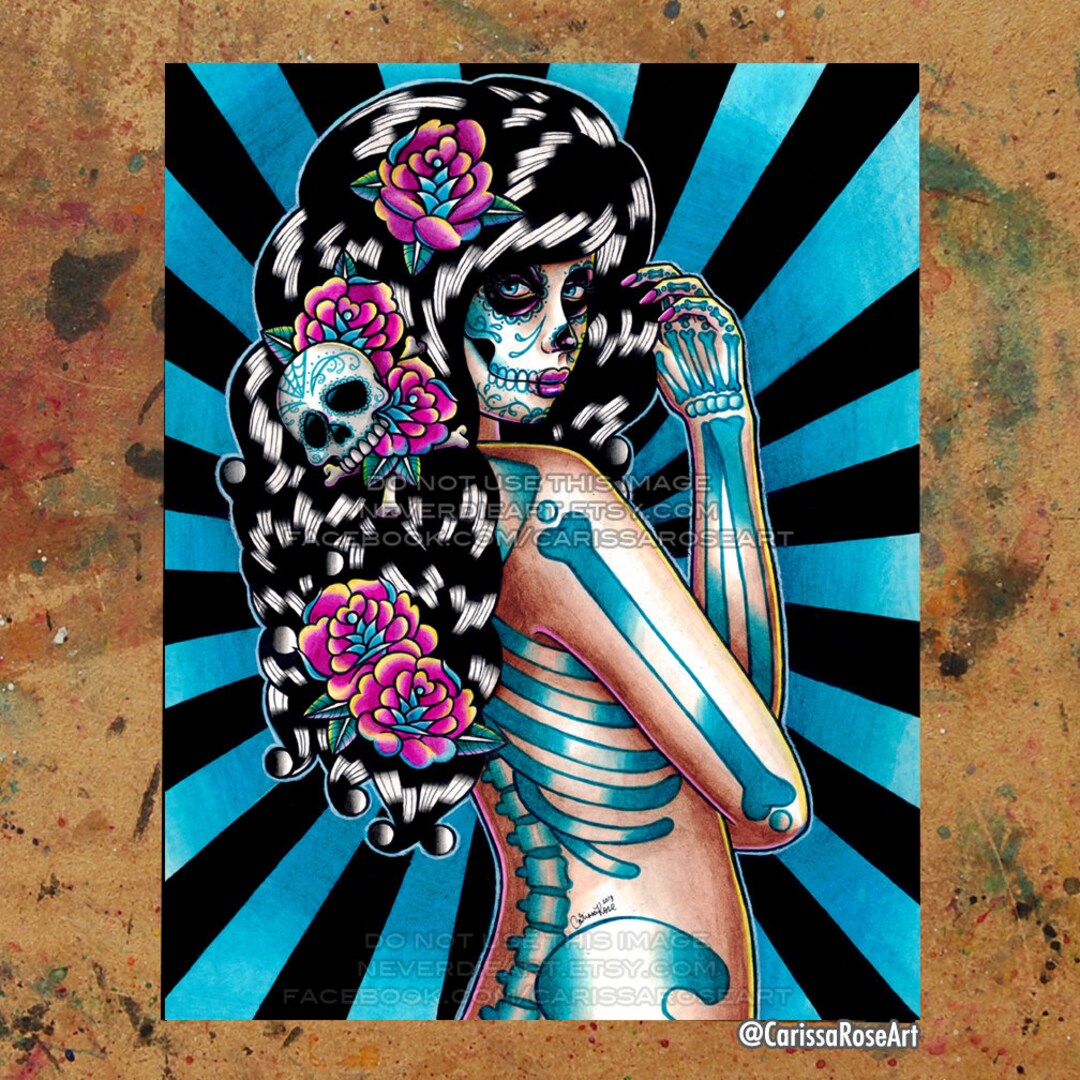 Art Print Midnight Motif Lowbrow Pin up Day of the Dead Sugar Skull ...