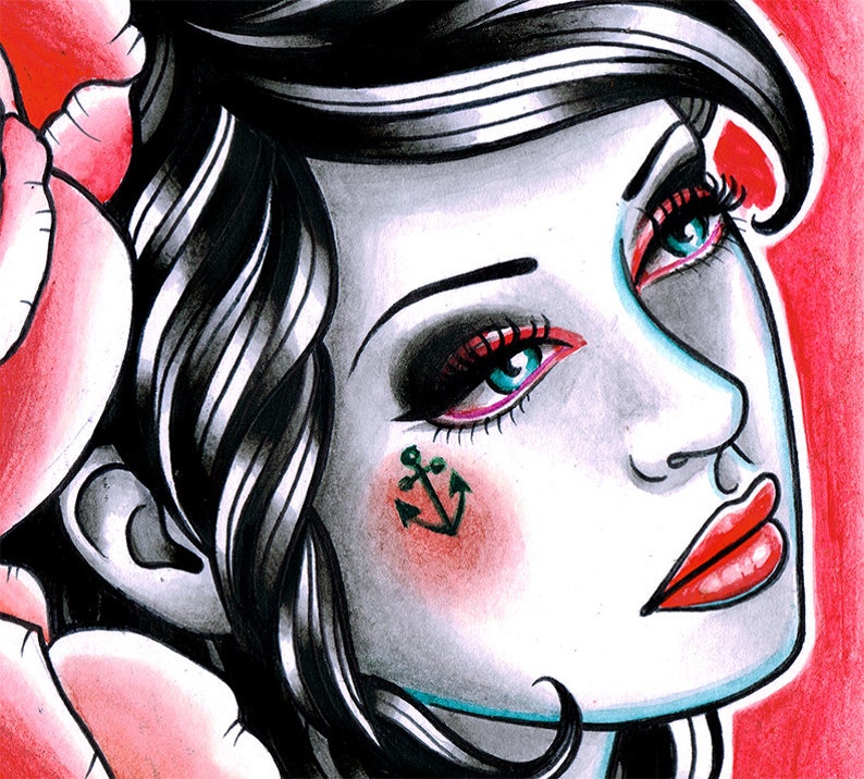 Down With The Ship Lowbrow Pin Up Girl With Tattoos And Roses Etsy