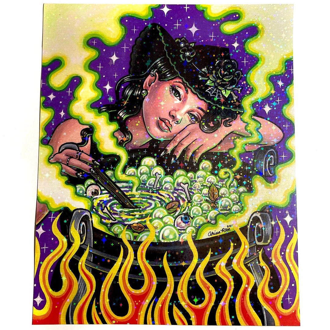 Holographic Art Print Toil and Trouble Sparkling Lowbrow Witch Girl ...