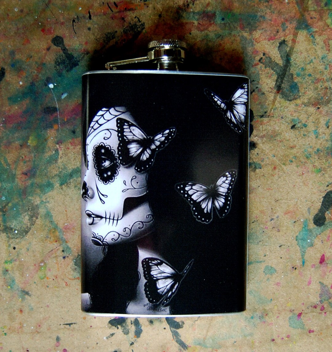 Tattoo Art Stainless Steel 8 Oz. Hip Flask Flutter by Black and White ...