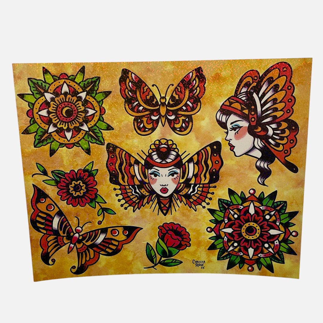 Holographic Art Print Butterfly Tattoo Flash Sparkling Lowbrow Old