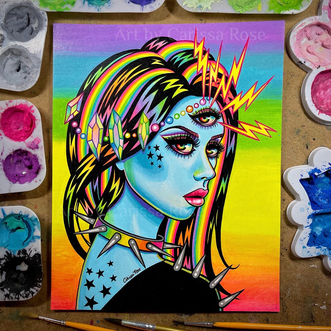 ORIGINAL 8x10 In. Gouache Painting | "sparks" | Emo Punk Neon Rainbow ...