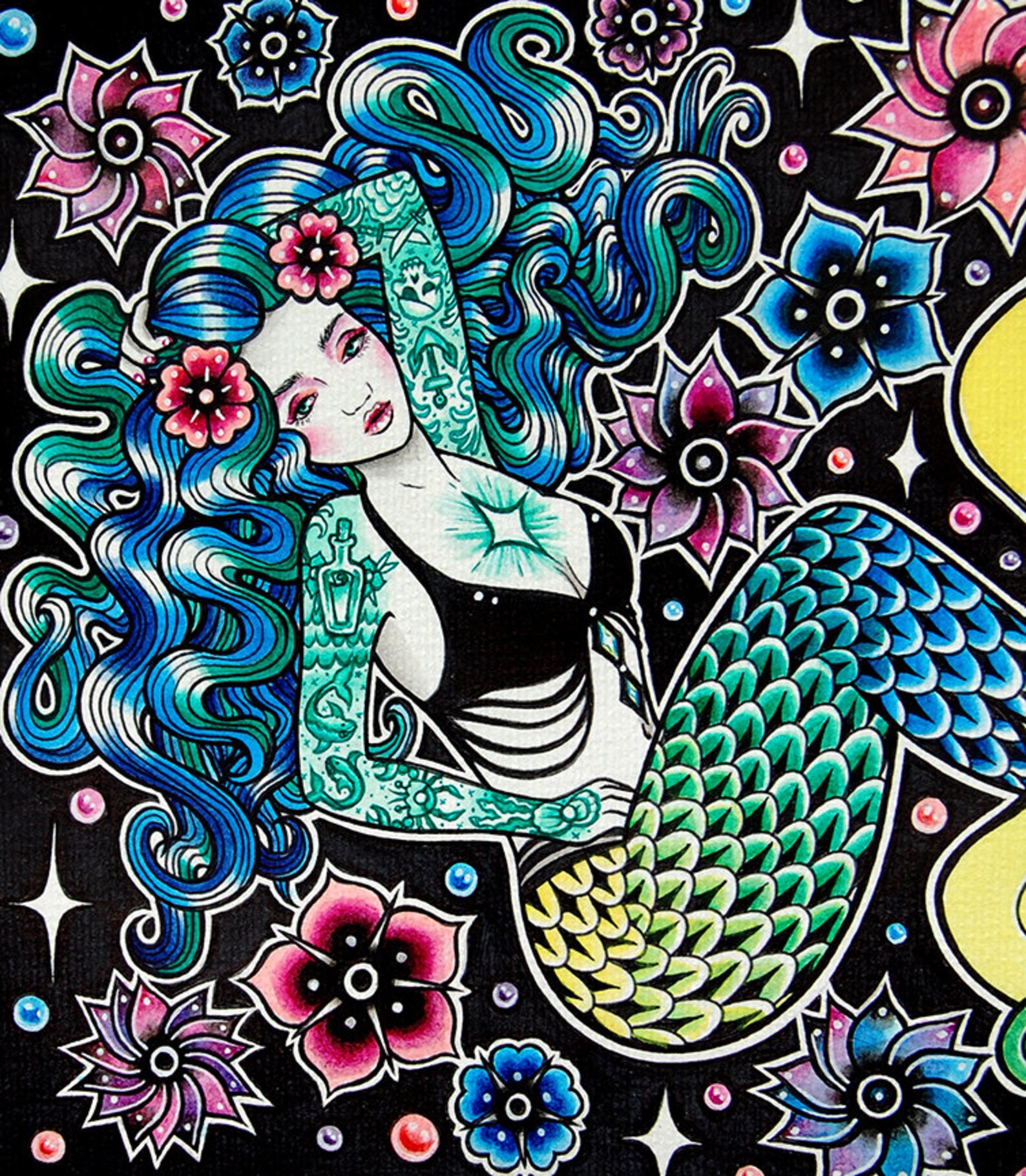 ORIGINAL PAINTING Colorful Tattooed Mermaid Pin up Girl - Etsy