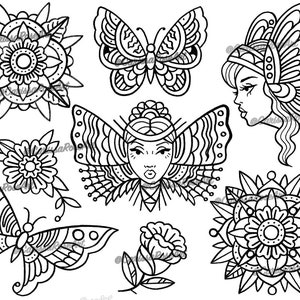 Digital Download | Tattoo Flash Sheet With Full Color and Outlines ...