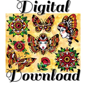 Digital Download | Tattoo Flash Sheet With Full Color and Outlines ...