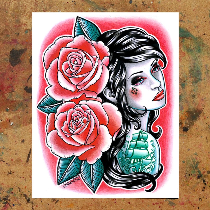 Down With The Ship Lowbrow Pin Up Girl With Tattoos And Roses Etsy