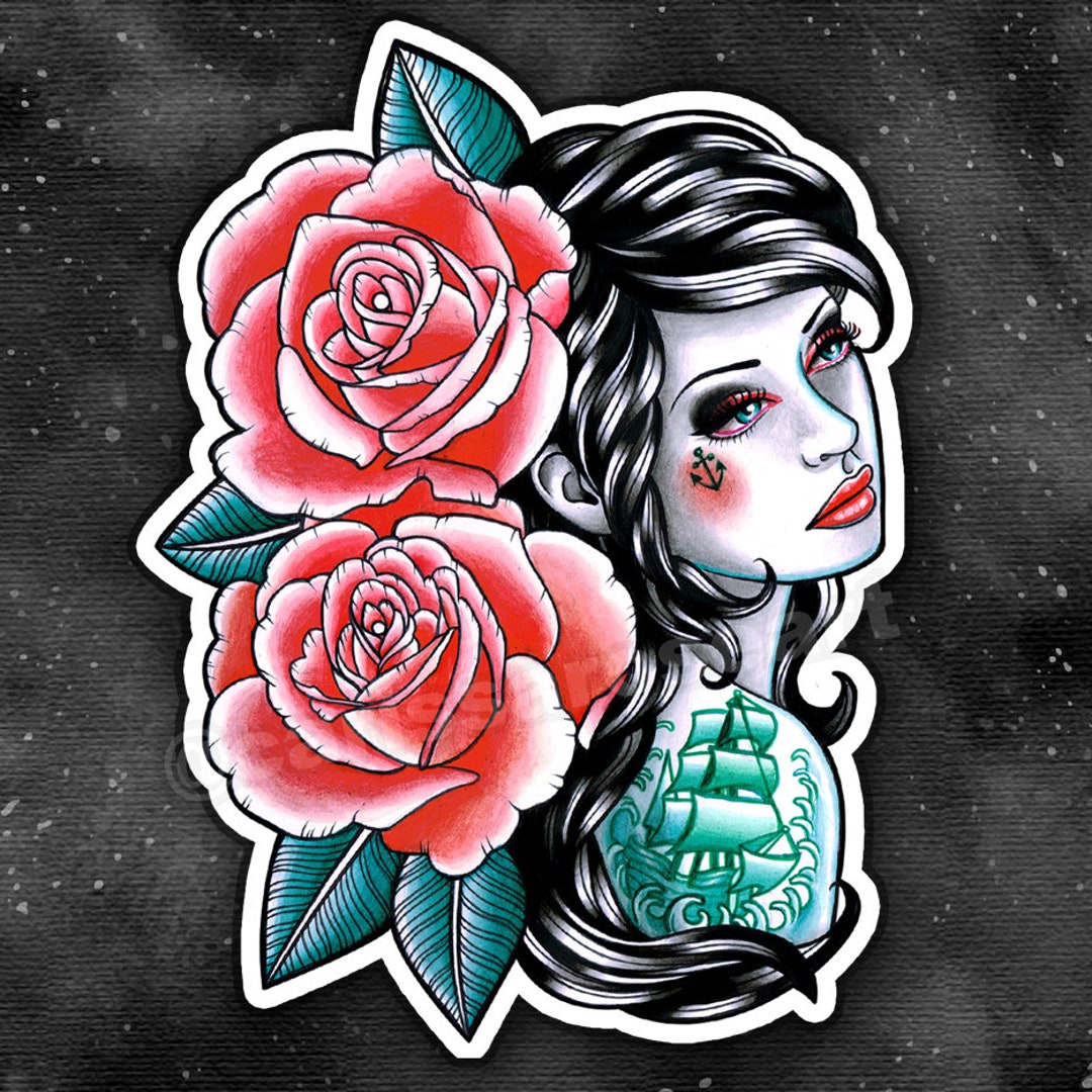 Full Color Sticker or Magnet | Old School Tattoo Flash Nautical Girl ...