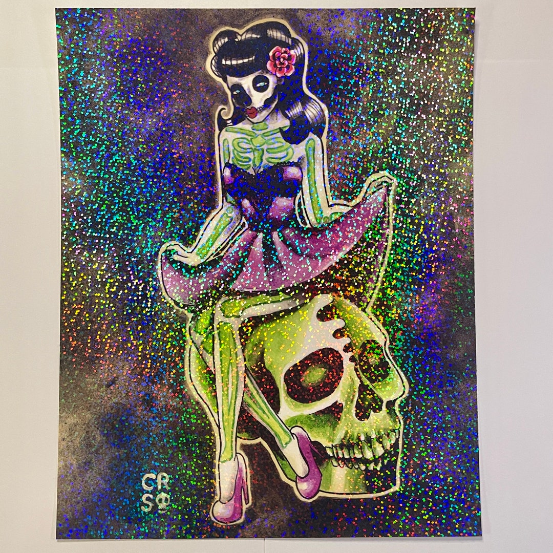 Holographic Art Print | Skeleton Pin up | Sparkling Lowbrow Rockabilly ...