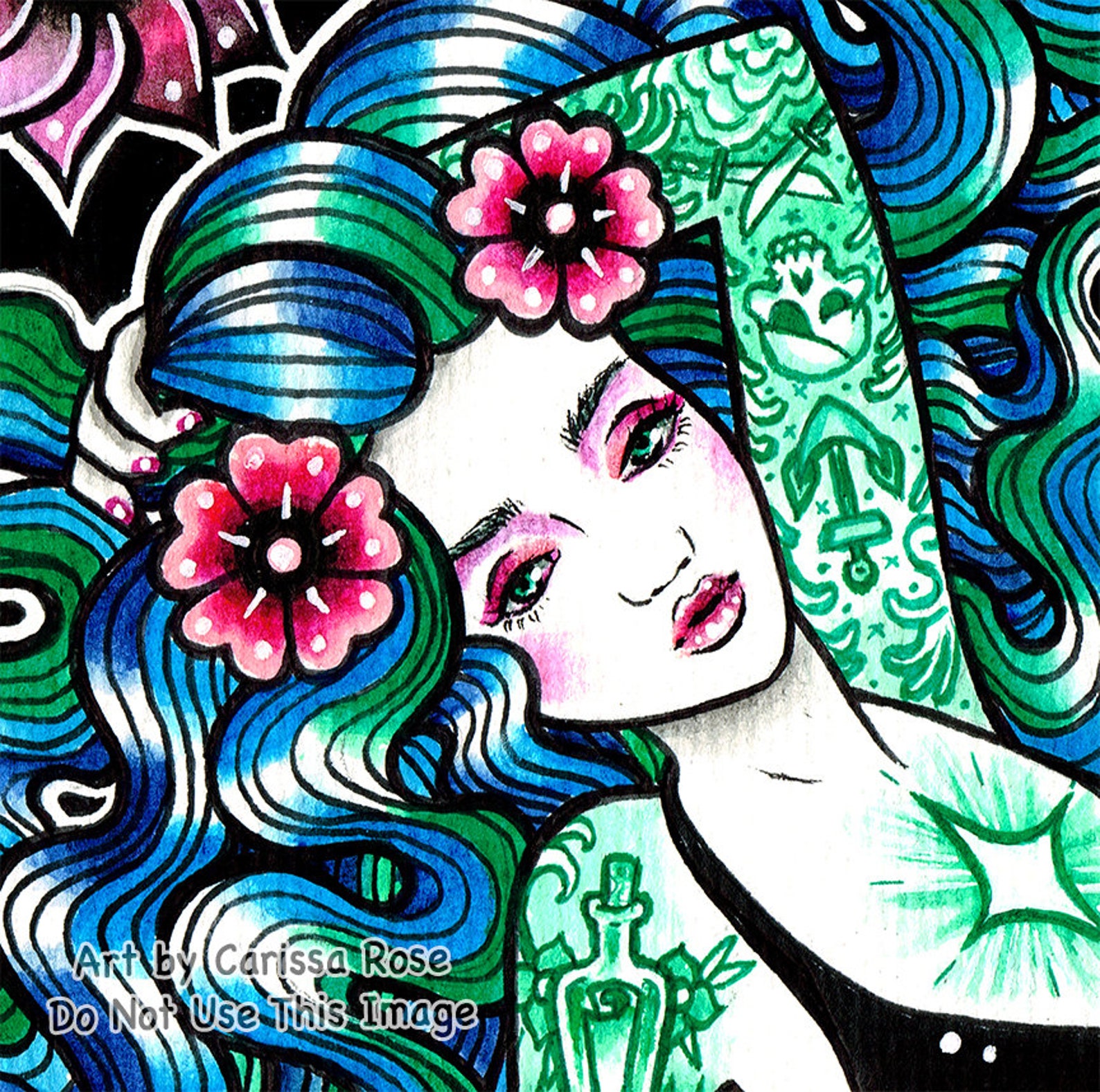 ORIGINAL PAINTING Colorful Tattooed Mermaid Pin up Girl - Etsy