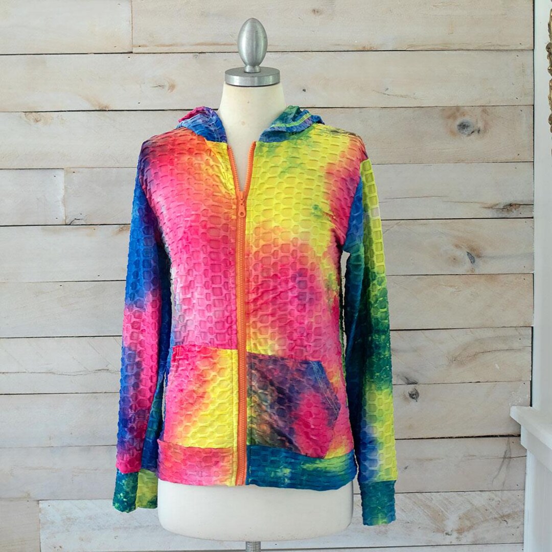 Women's Vintage Early 2000s Textured Rainbow Tie Dye Zip Font Hooded ...