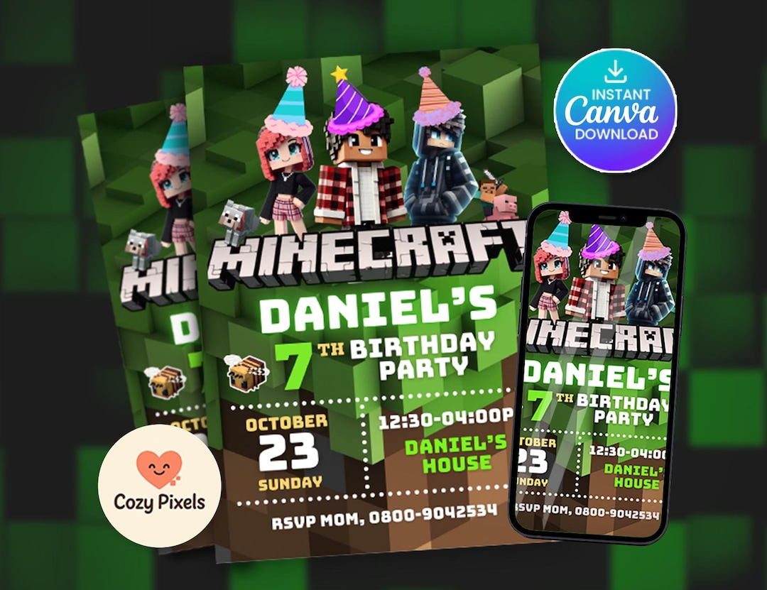 Editable Minecraft Birthday Invitation Card, Minecrafter Birthday, Kids ...