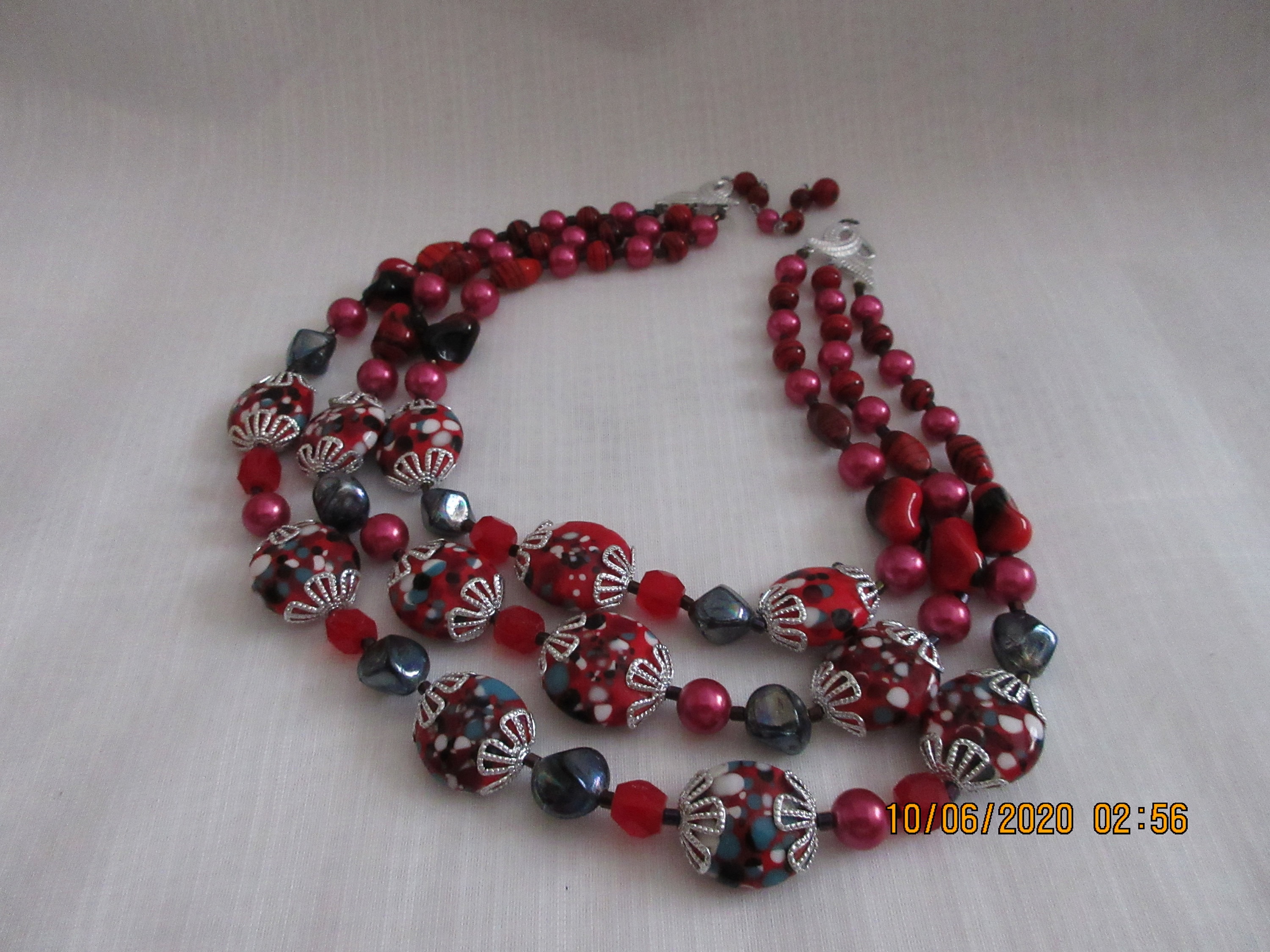 Red Beaded Necklace Three Strand