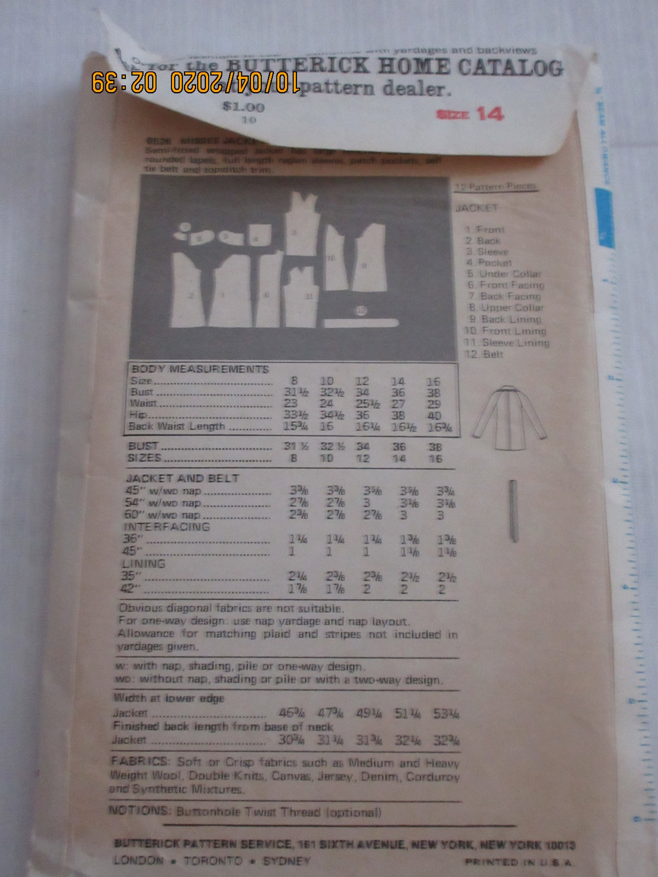 Vintage Butterick Pattern #6528 Misses Jacket