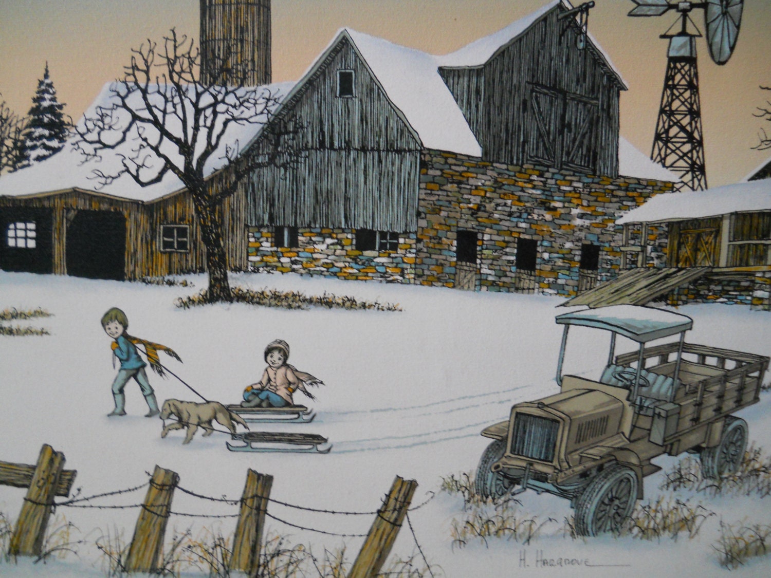 Kid's Sledding on Farm Oil Painting - vintage, collectible, art, Hargrove