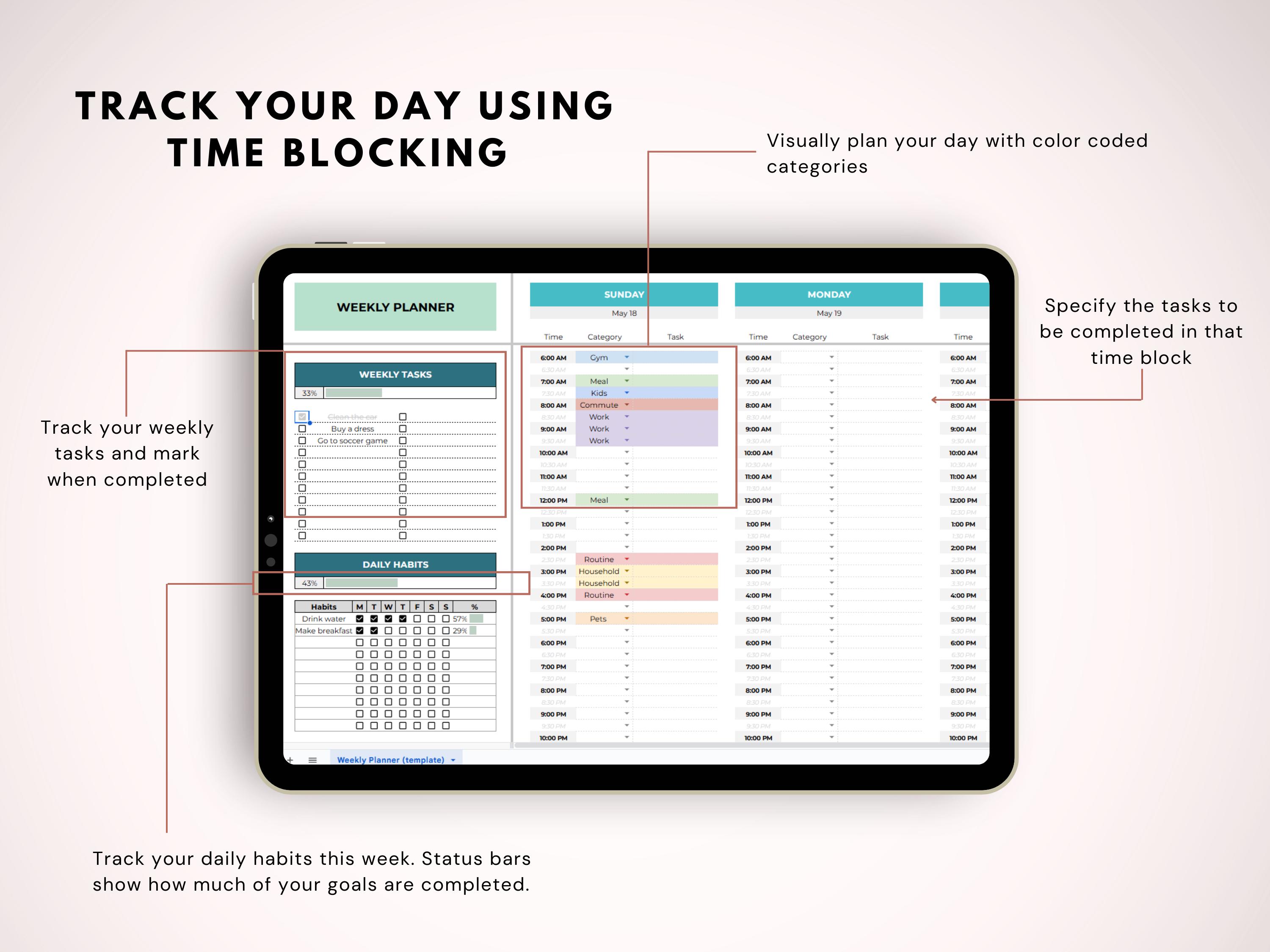 Weekly Planner Google Sheets Weekly Planner Task Tracker Time Blocking Spreadsheet Daily Time ...