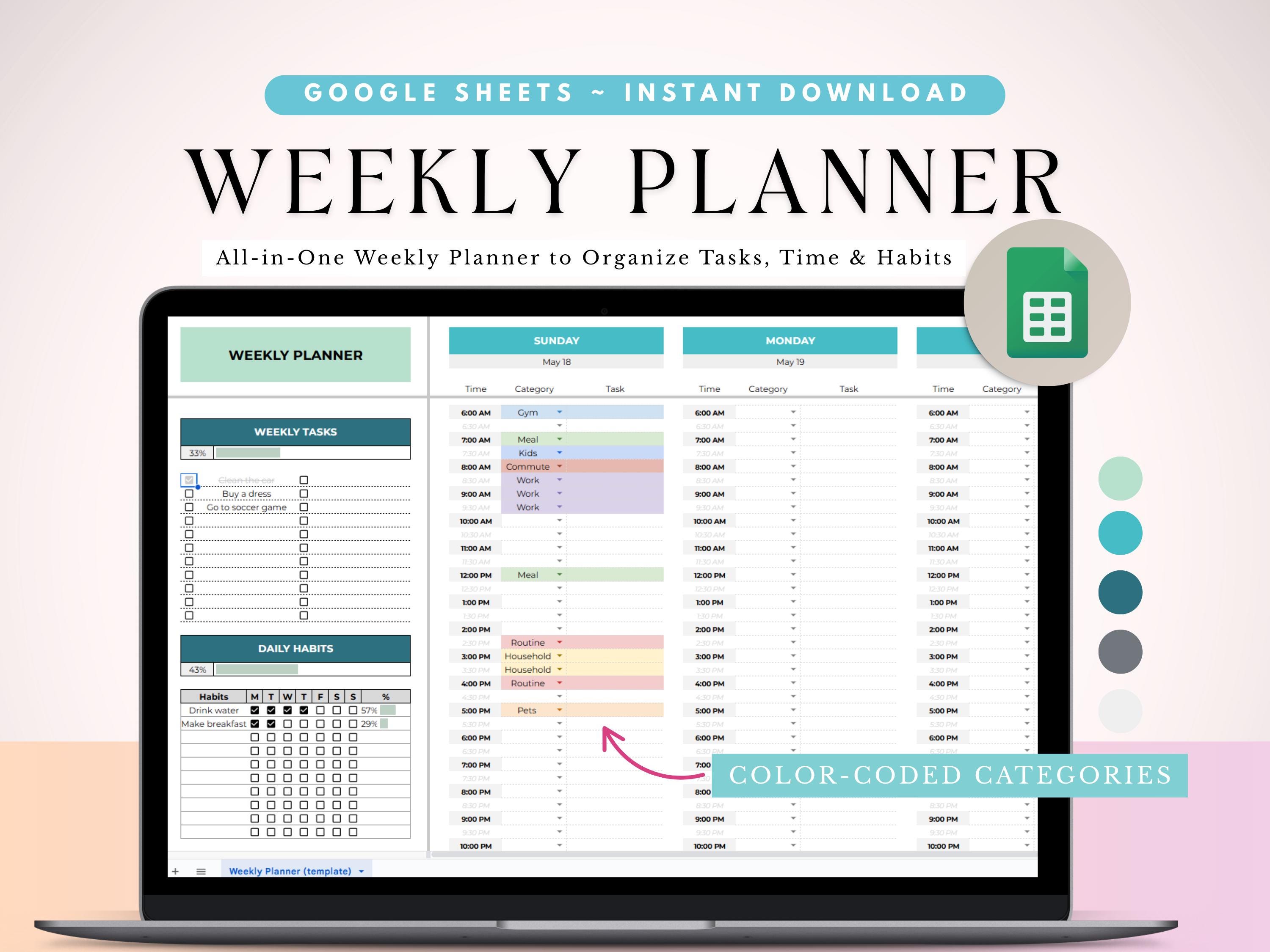 Weekly Planner Google Sheets Weekly Planner Task Tracker Time Blocking Spreadsheet Daily Time ...