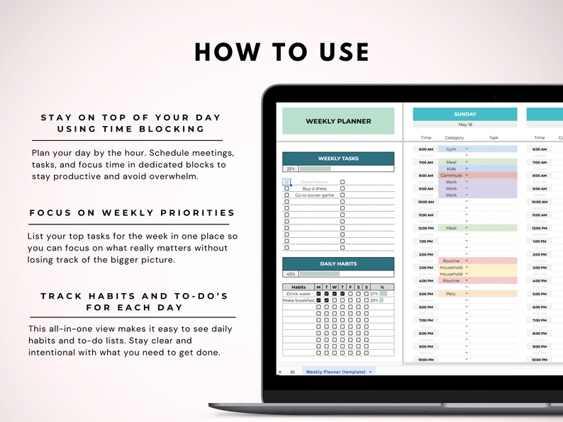 Weekly Planner Google Sheets Weekly Planner Task Tracker Time Blocking ...