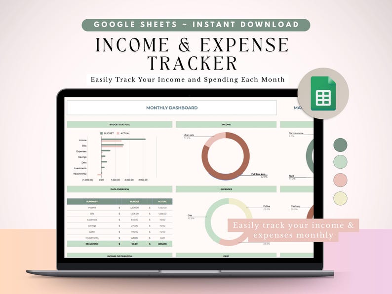 Income & Expense Tracker Spending Tracker Monthly Budget Spreadsheet ...