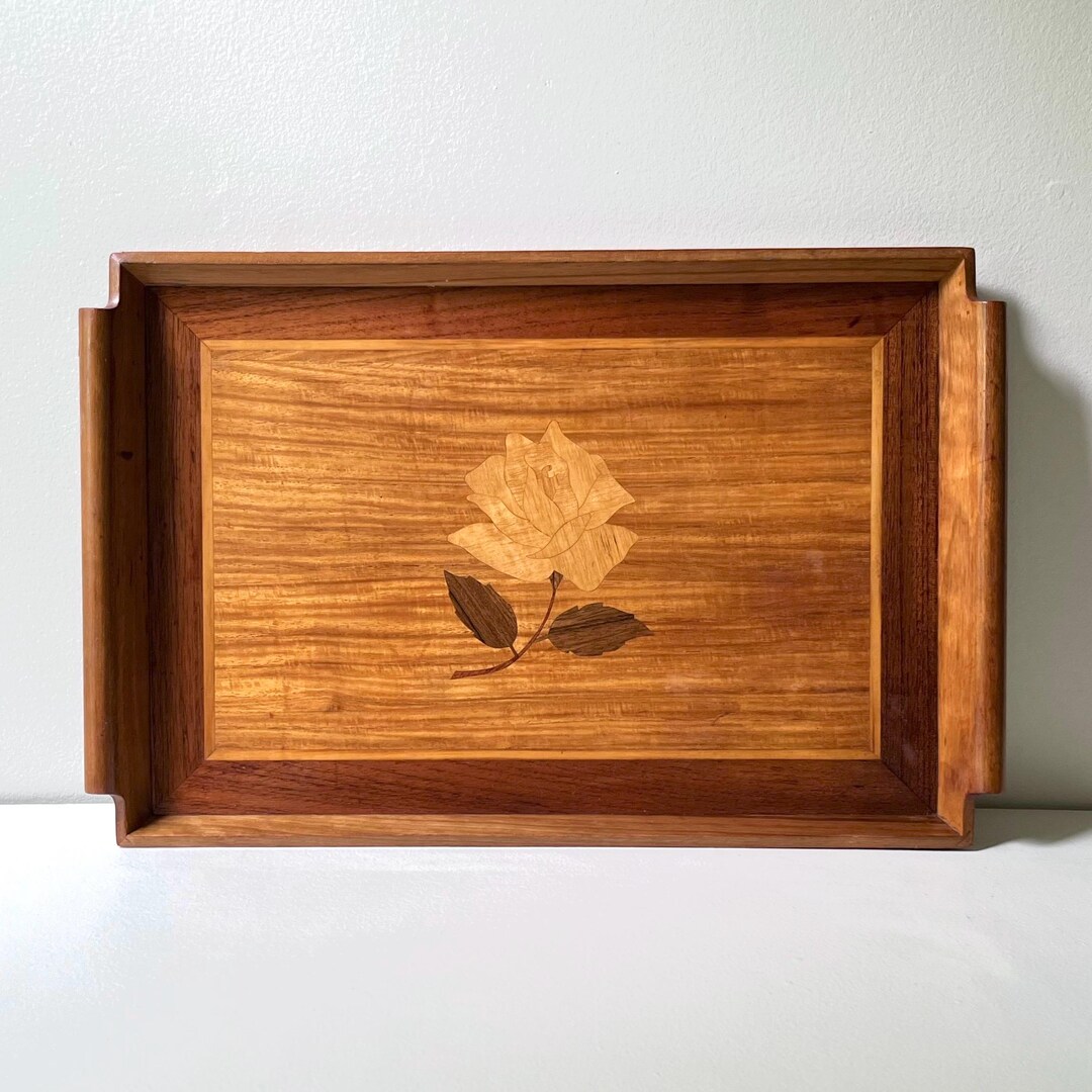 Vintage Wooden Rose Inlay Coffee Table Serving Tray With Rolled Handle ...
