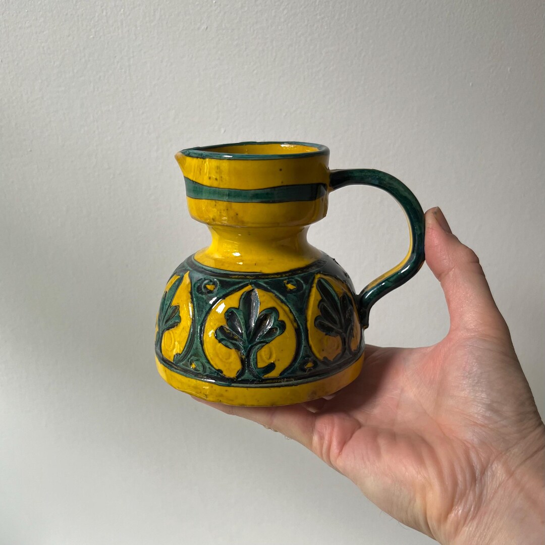 Vintage Italian Ceramic Pottery Pitcher in Yellow and Green, Decorative ...