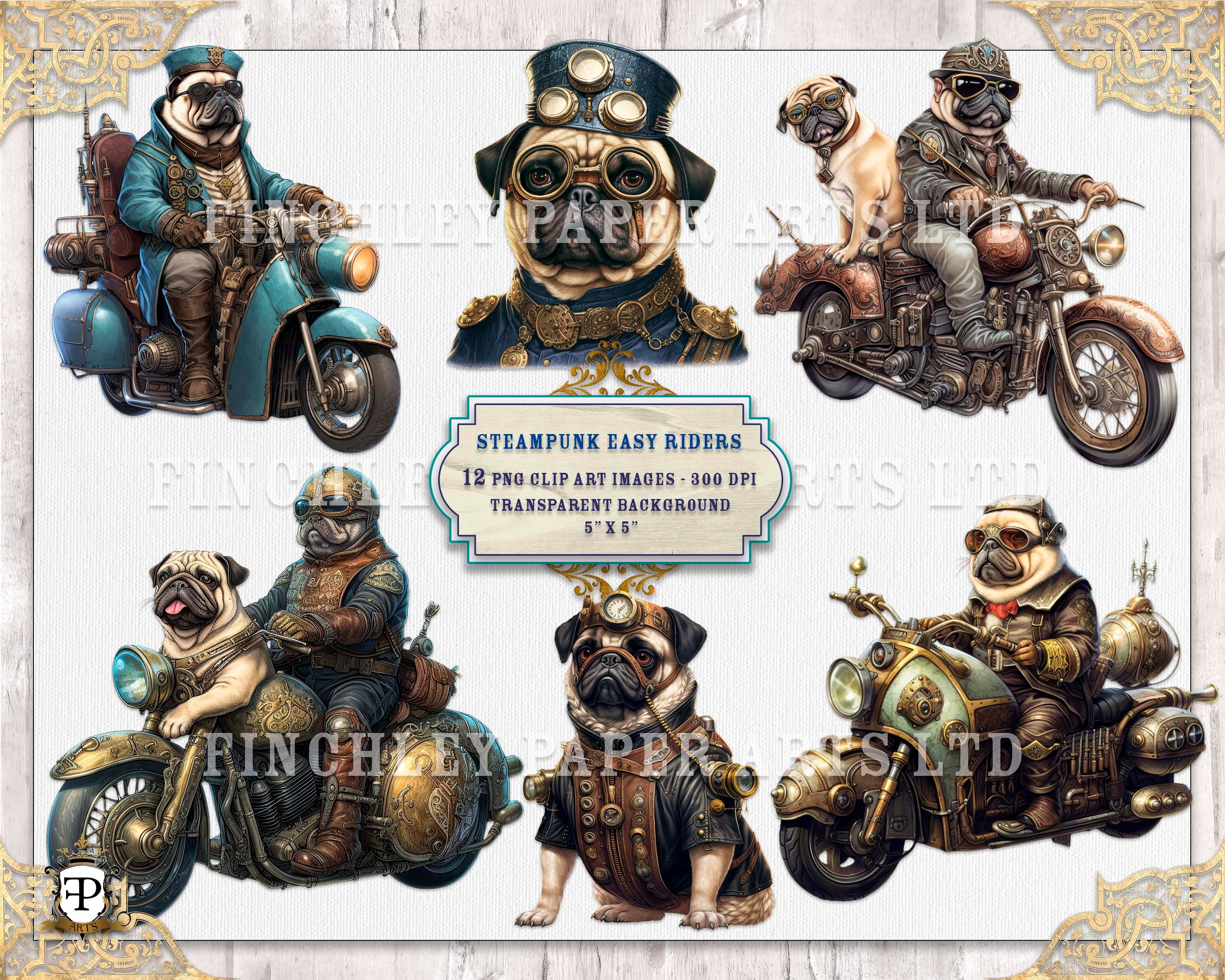 Steampunk Easy Riders, Steampunk Pugs Watercolor Clipart, Motorcycle ...