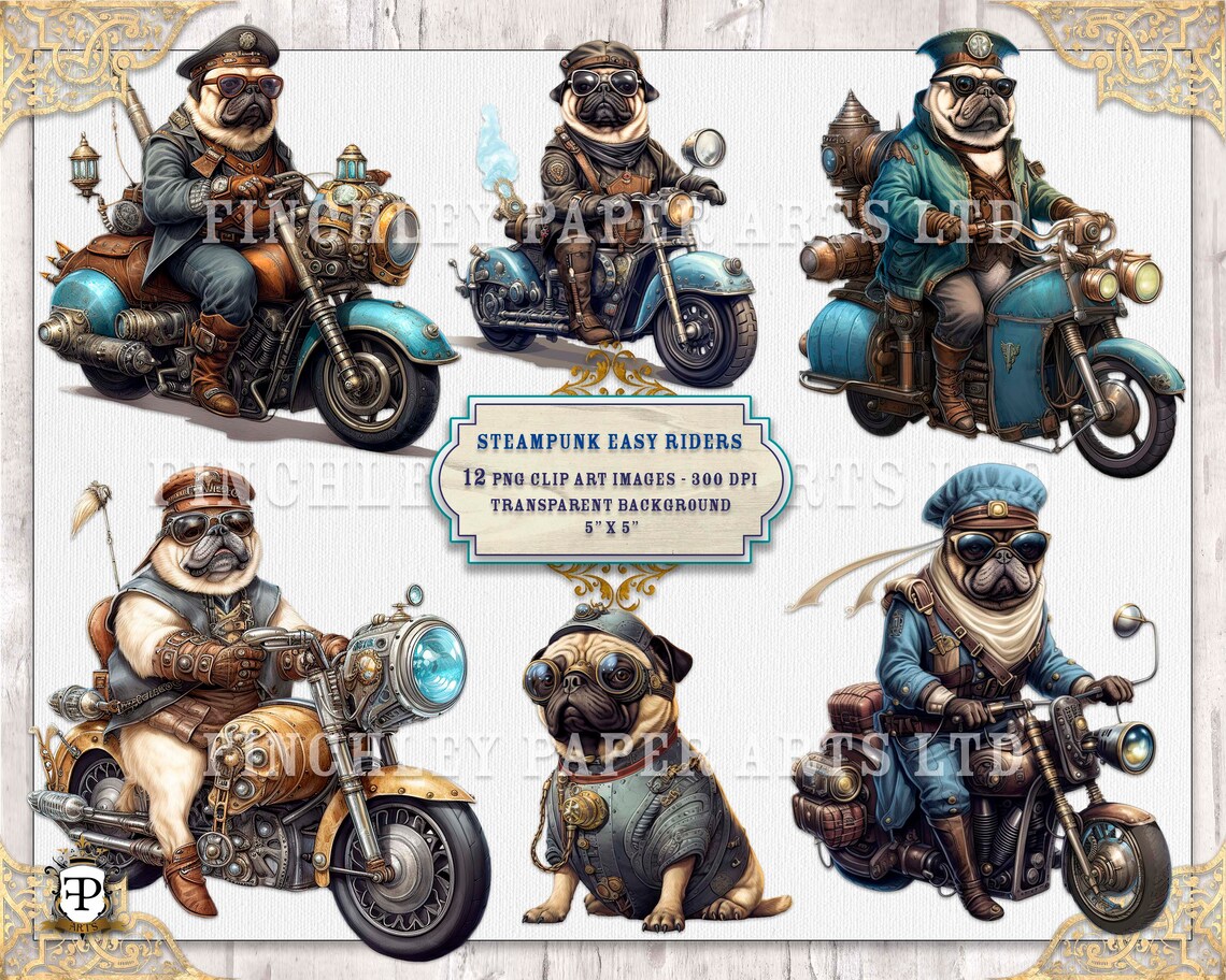 Steampunk Easy Riders, Steampunk Pugs Watercolor Clipart, Motorcycle ...