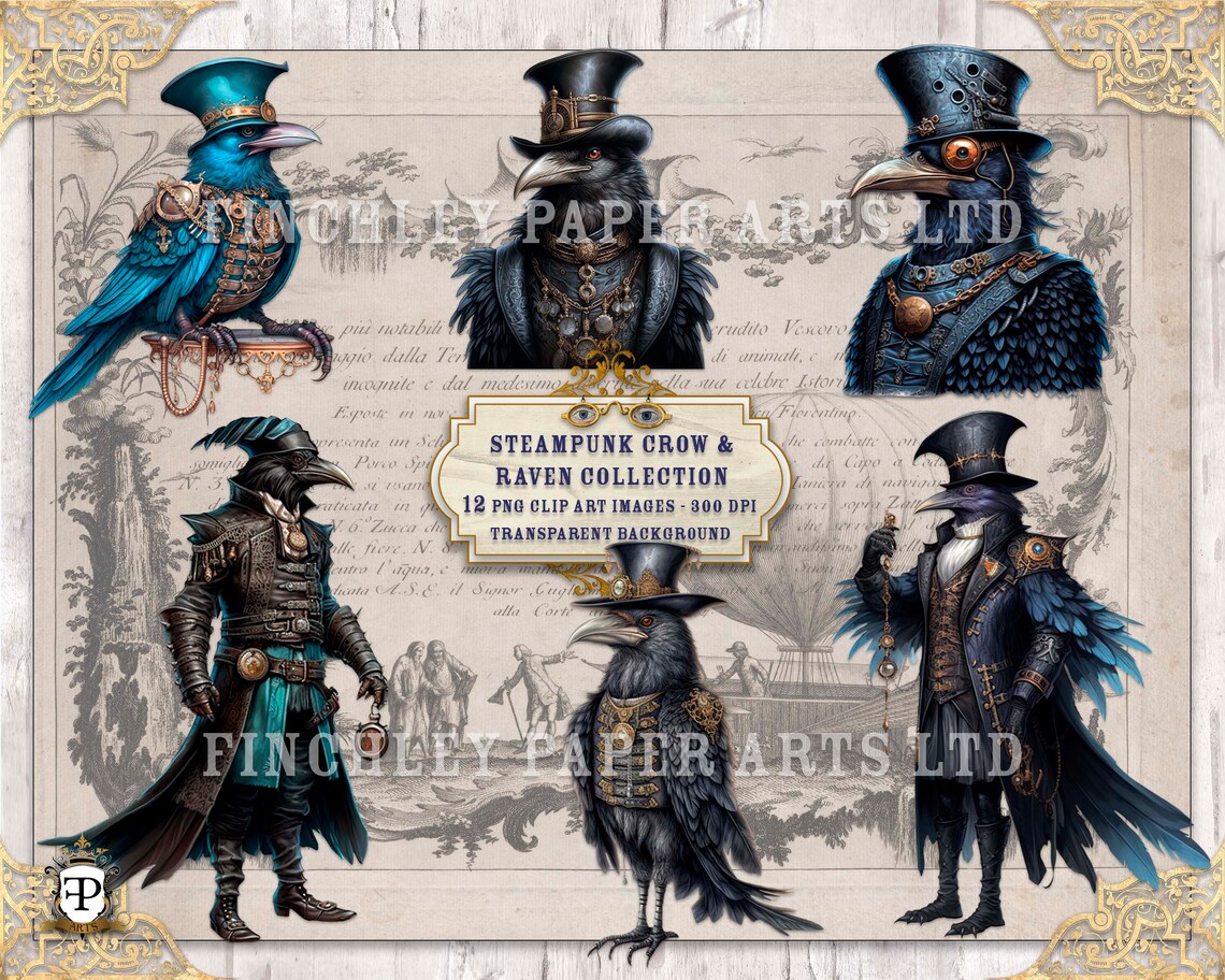 Steampunk Crow & Raven, Crow and Raven Watercolor Clipart, Fairytale ...