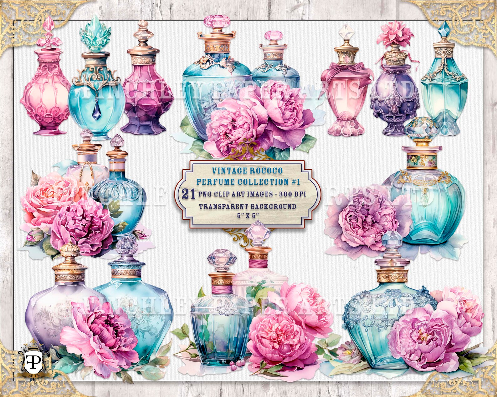 Vintage Rococo Perfume Collection #1, Watercolor Rococo Clip Art ...