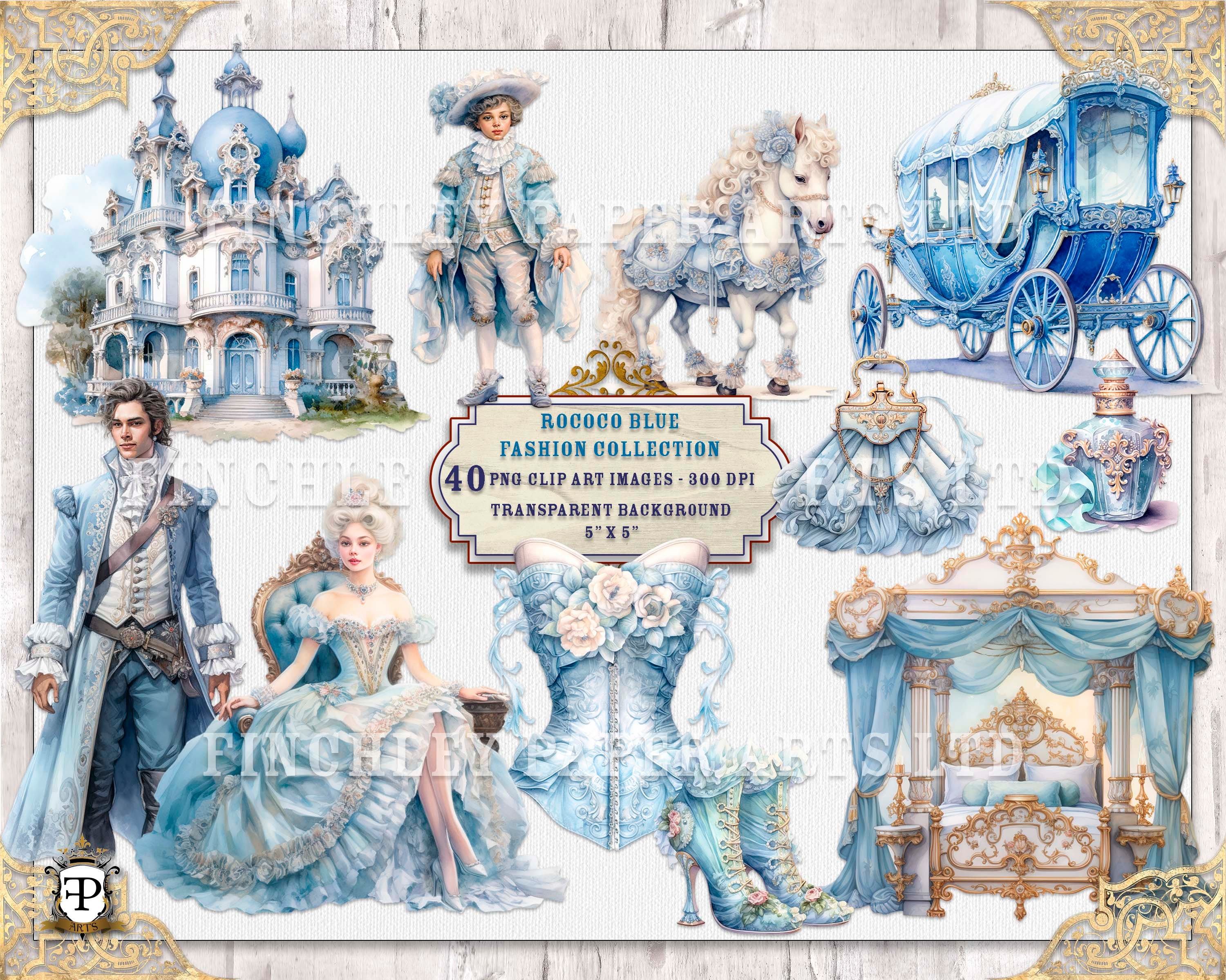 Rococo Blue Fashion Collection, Watercolor Clip Art,instant Download ...
