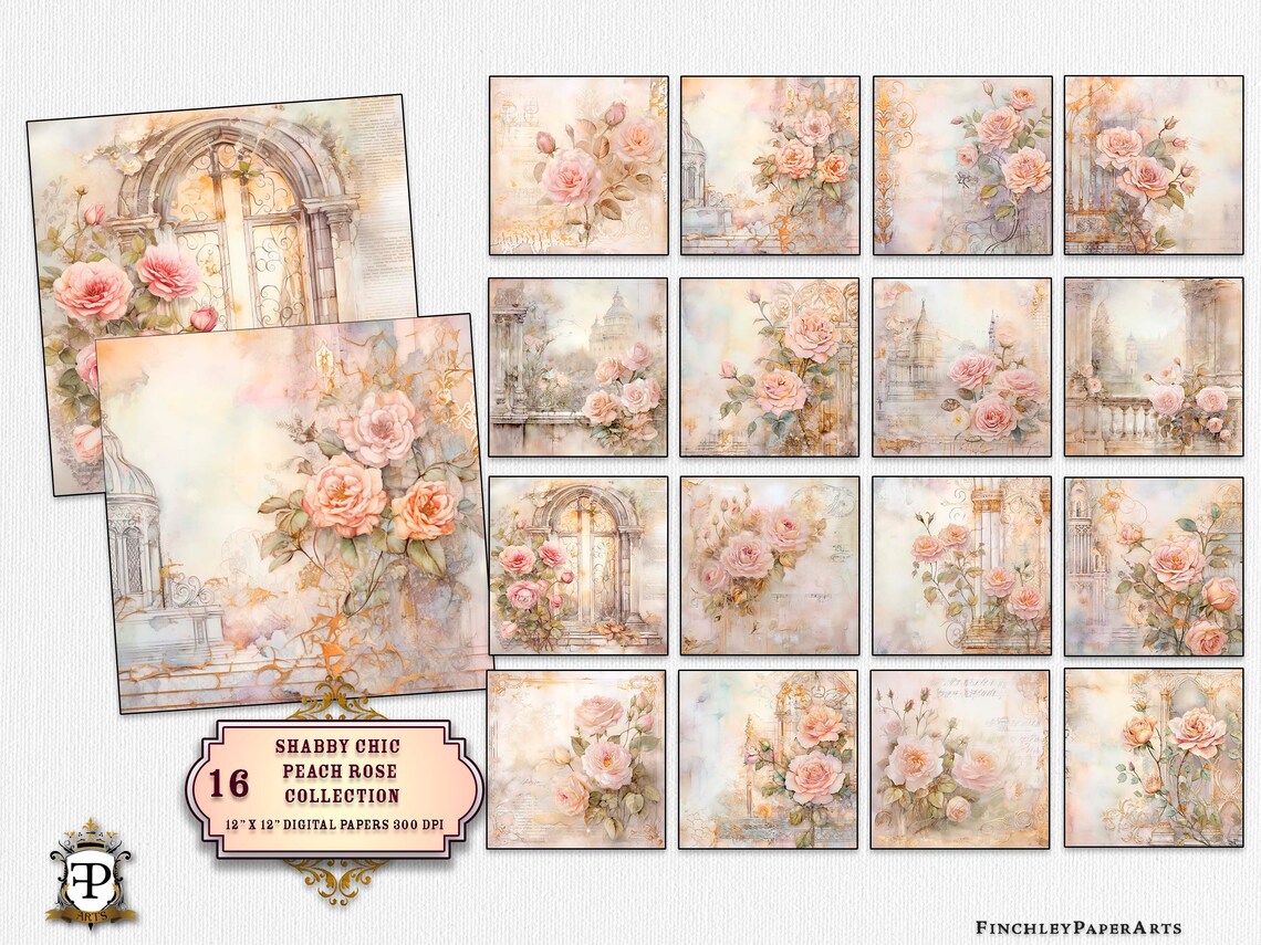 Shabby Chic Peach Rose Digital Paper Collection,instant Download ...