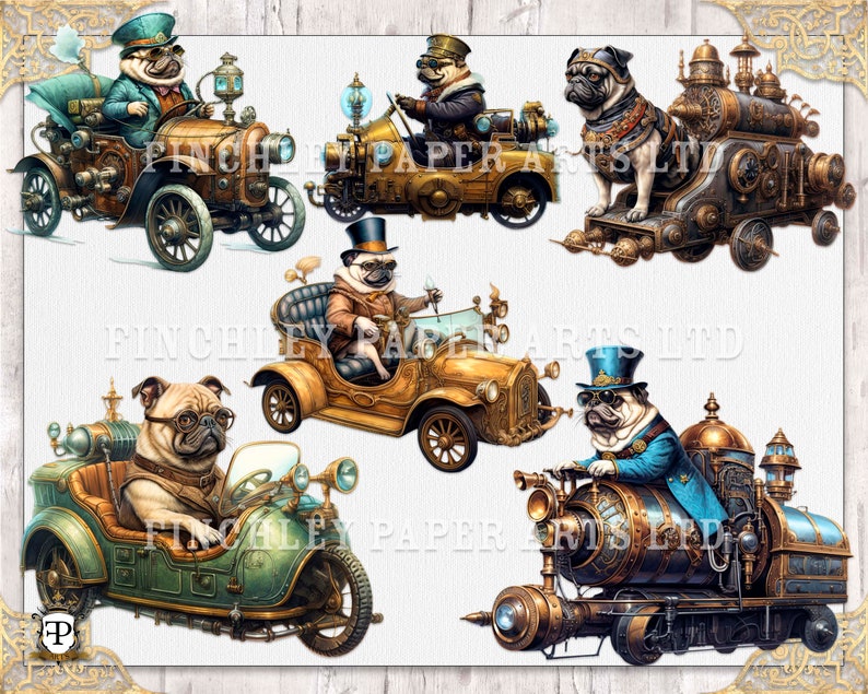 Steampunk Trains Planes & Automobiles , Steampunk Pugs Watercolor ...