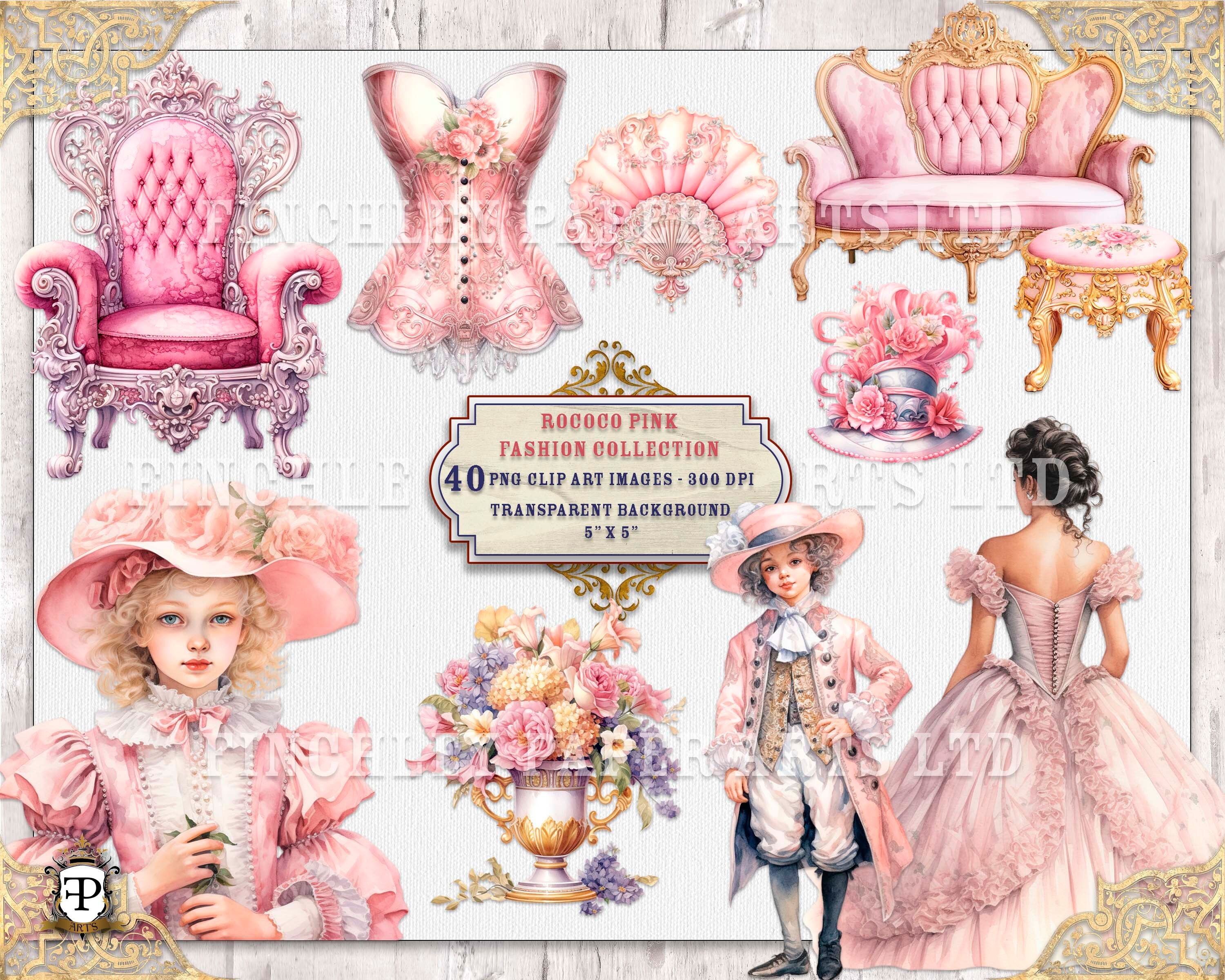 Rococo Pink Fashion Collection, Watercolor Rococo Clip Art,instant ...