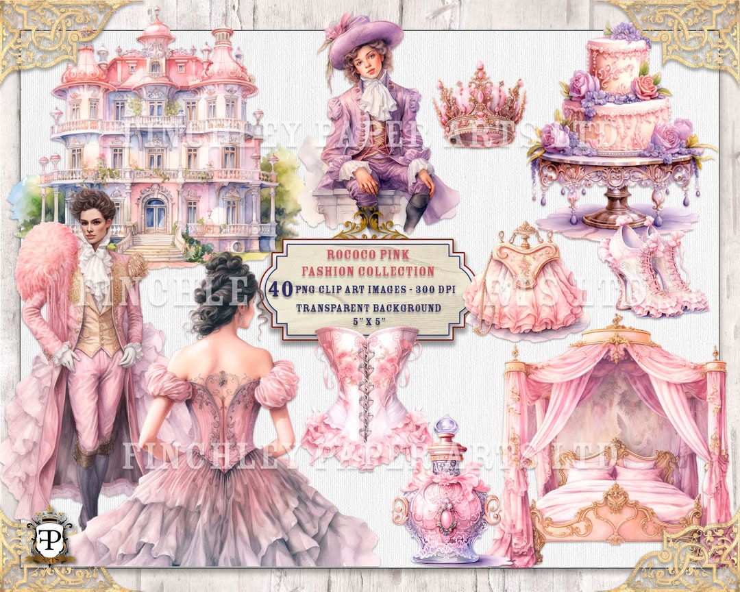 Rococo Pink Fashion Collection, Watercolor Rococo Clip Art,instant ...