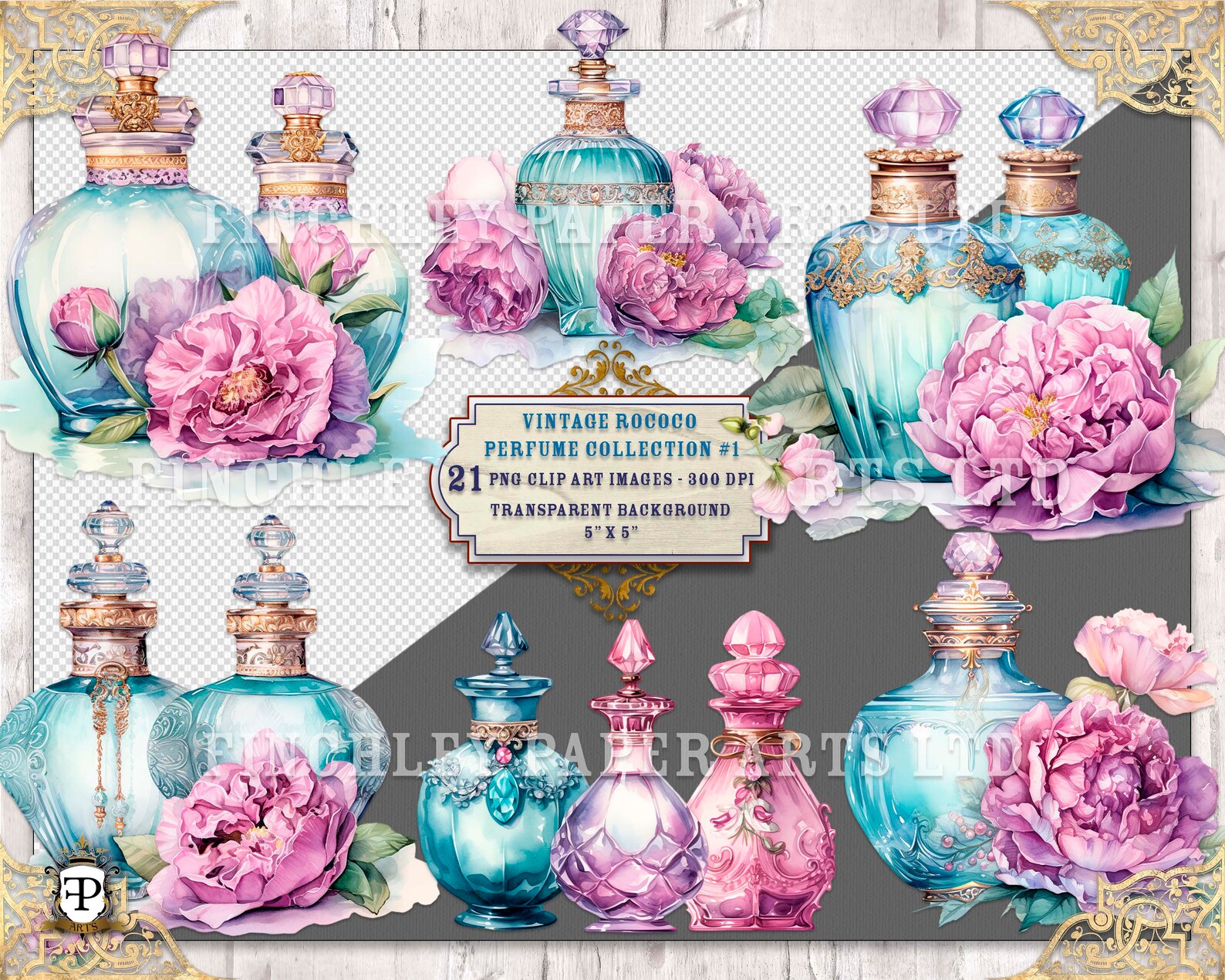 Vintage Rococo Perfume Collection #1, Watercolor Rococo Clip Art ...